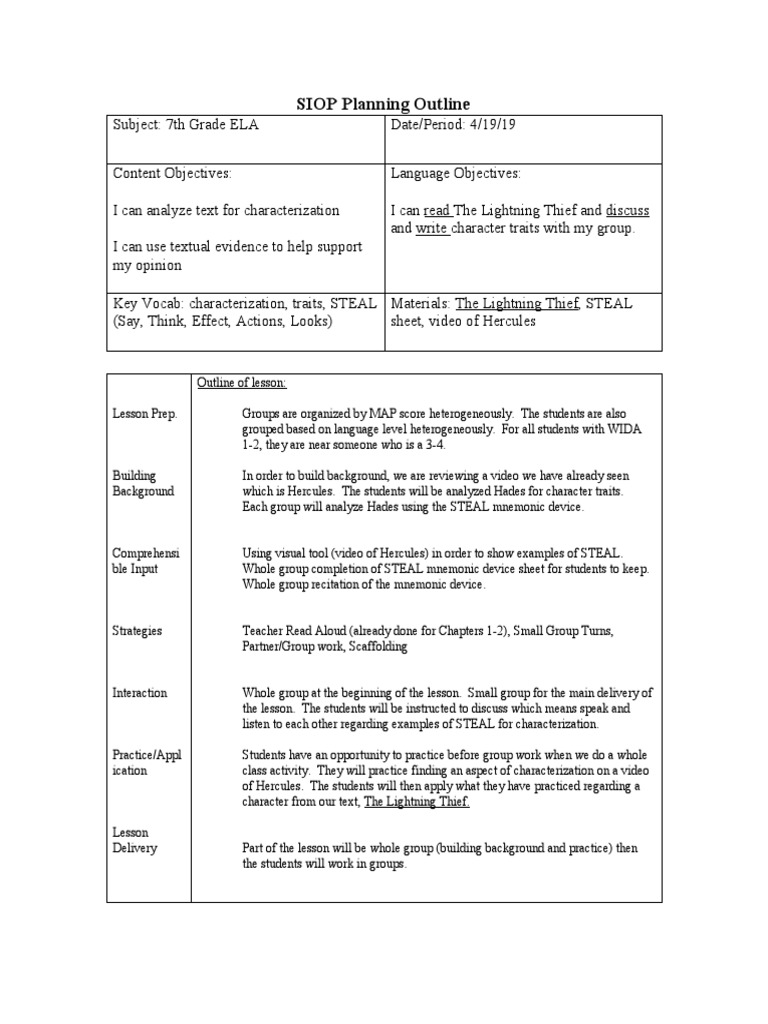SIOP Planning for ELA Characterization | PDF | Reading (Process ...
