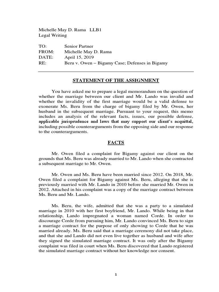 Legal Memorandum Legal Writing | PDF | Marriage | Marriage License