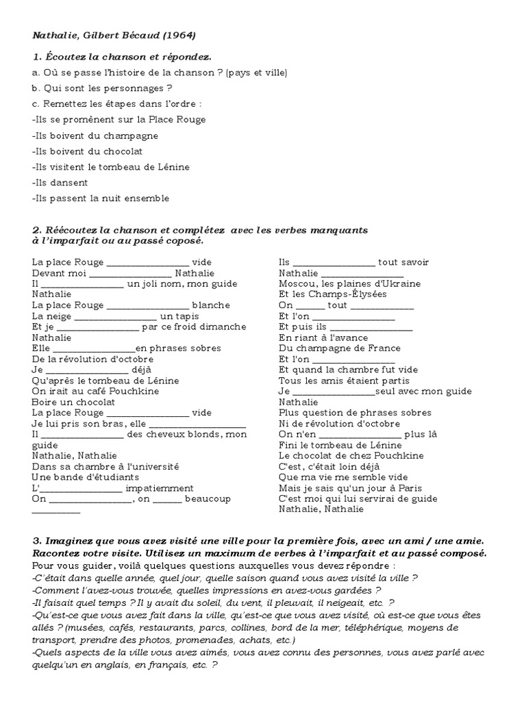 Fiche Chanson - Imparfait Et Passé Composé | PDF | Art | Poésie