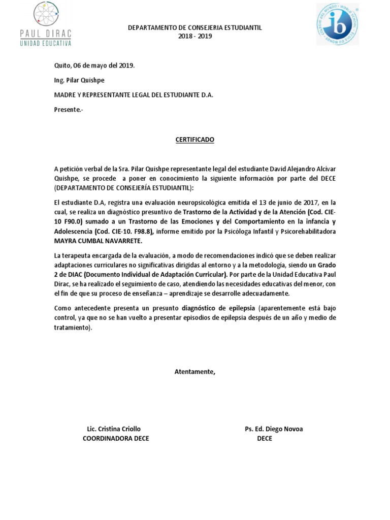 Certificado de DECE | PDF | Psiquiatría | Campos relacionados con la psiquiatría