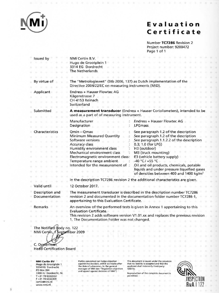 Evaluation Certificate MID 122 EC 01 Rev00 ENG | PDF