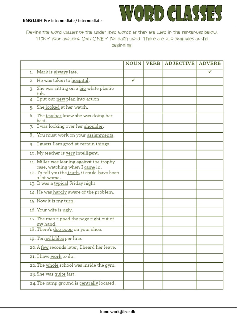 Word Classes Worksheet with Answers | PDF
