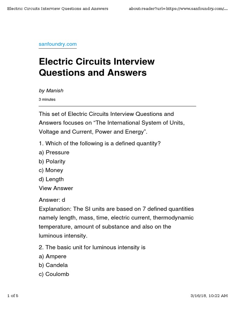 Electric Circuits Interview Questions and Answers: by Manish | PDF ...