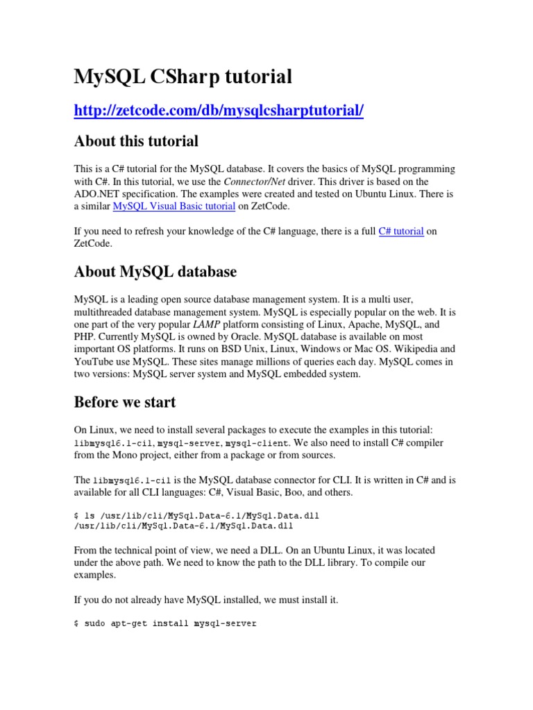 MySQL CSharp Tutorial | PDF | Database Transaction | Databases