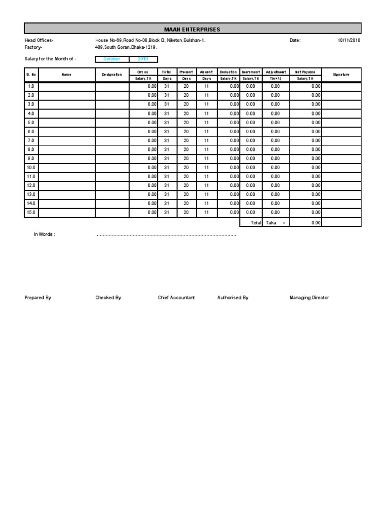 Form Salary Sheet PDF Government Finances Taxation