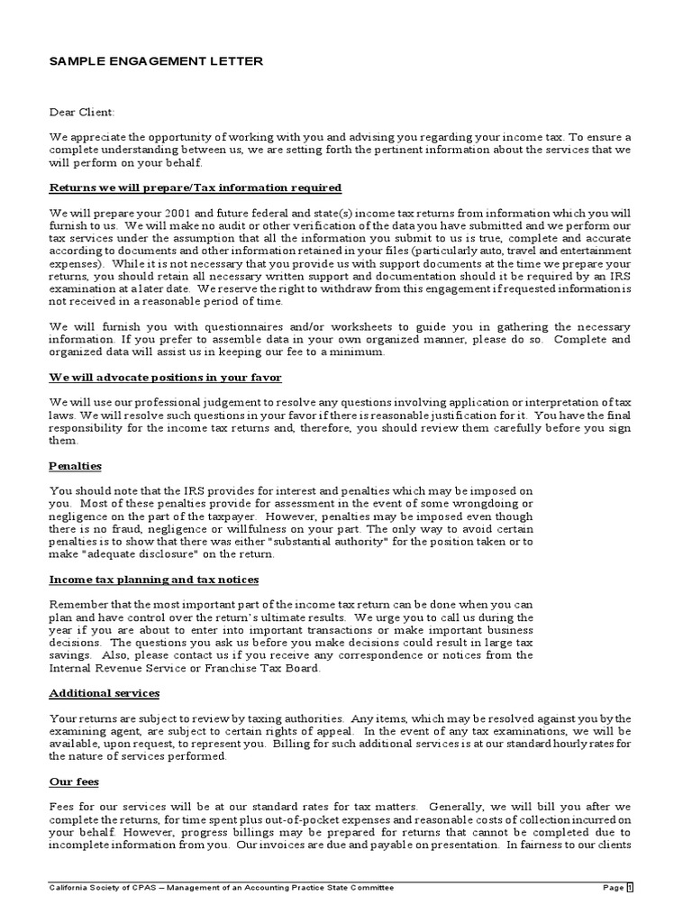Sample Engagement Letter: California Society of CPAS - Management of An ...