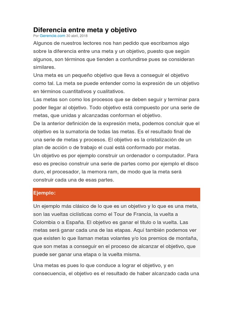 Diferencia Entre Meta y Objetivo PB | PDF | Planificación | Cognición