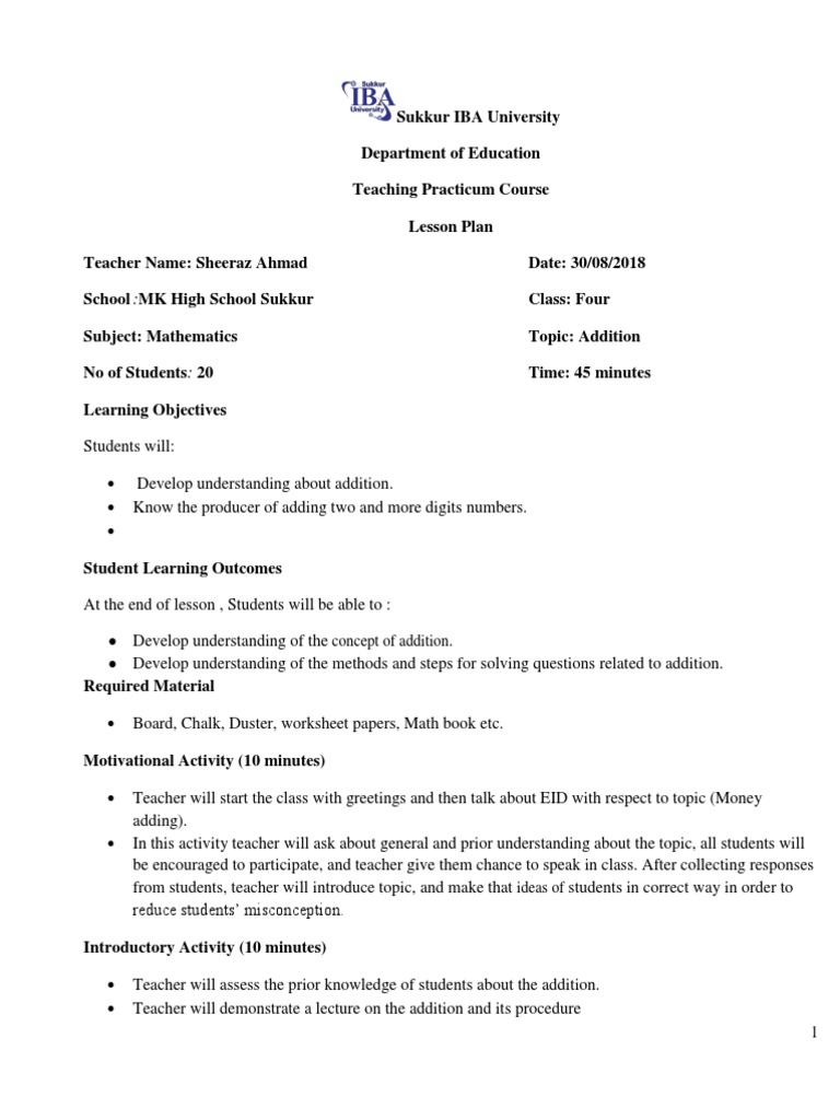 Concept of Addition | PDF | Worksheet | Lesson Plan