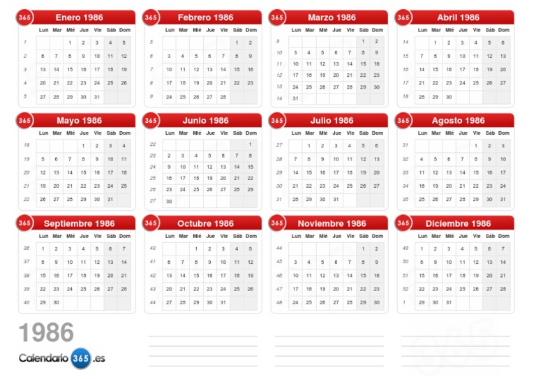 Calendario Completo de 1986 | PDF | Calendario | Clima