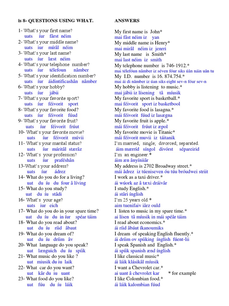 9 Questions Using What | PDF | Leisure | Cognition