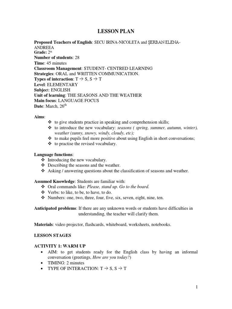 Proiect The Seasons and The Weather 2019 | PDF | Vocabulary | English ...