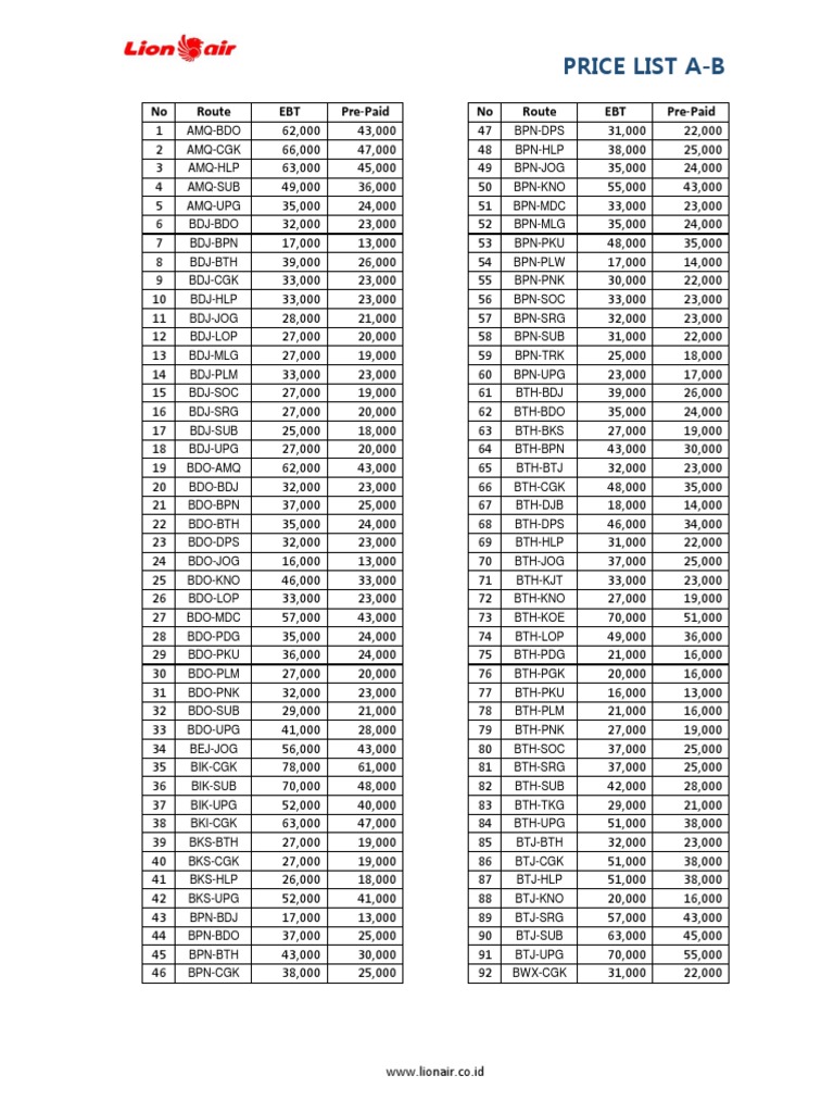 Price List A-B: No Route EBT Pre-Paid No Route EBT Pre-Paid | PDF