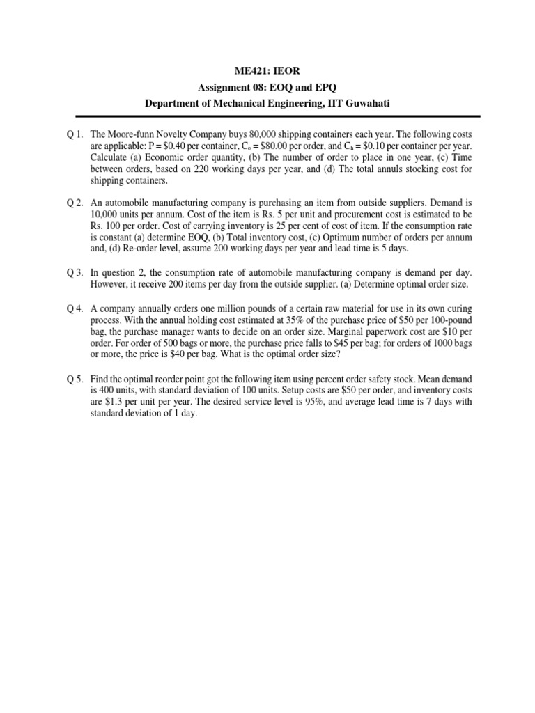 EOQ & EPQ Assignment Solutions | PDF