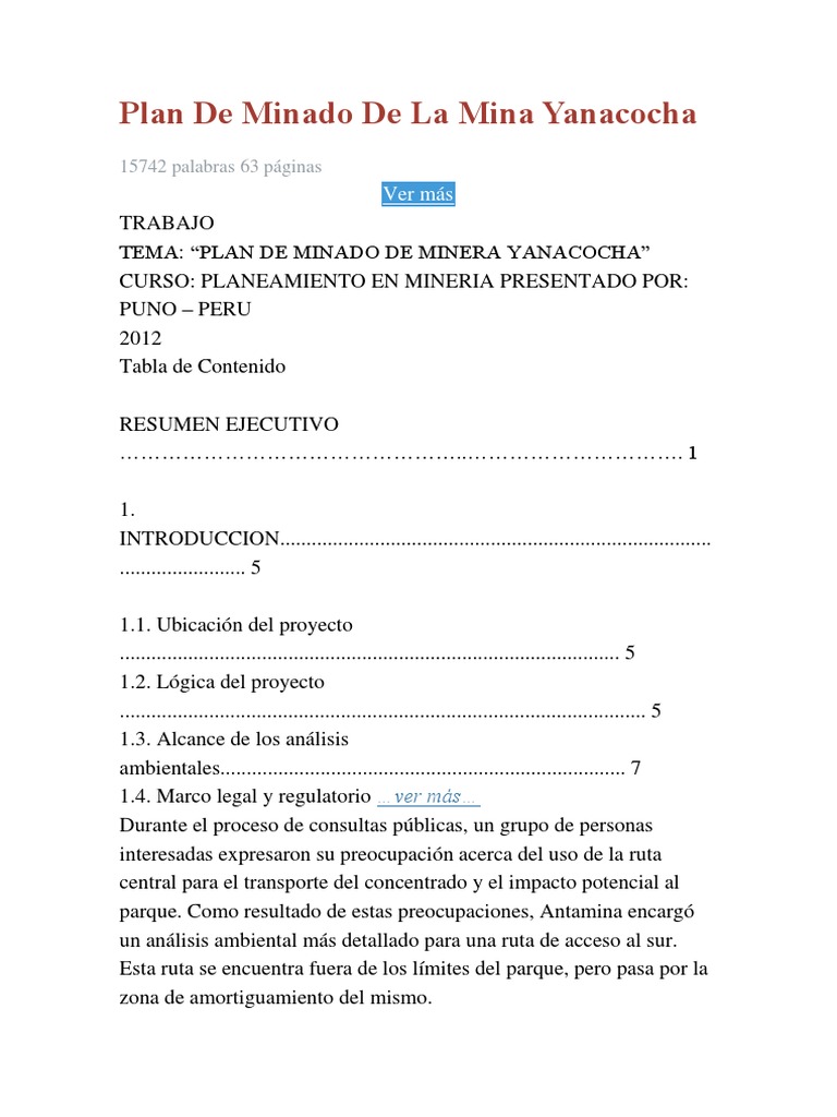 Plan de Minado de La Mina Yanacocha | Descargar gratis PDF | Minería ...