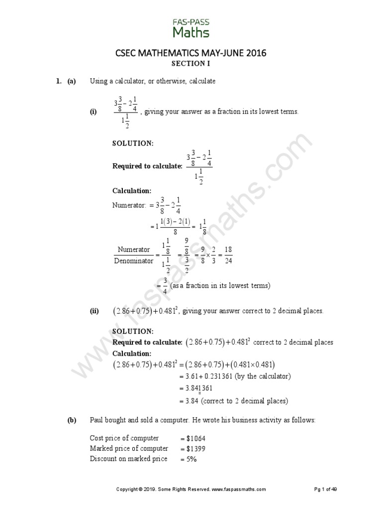 25.csec Maths June 2016 | PDF | Fraction (Mathematics) | Line (Geometry)