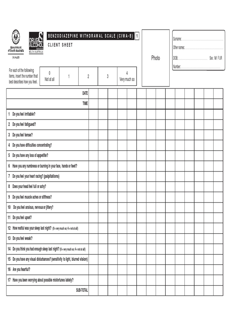CIWA-B Benzodiazepine Withdrawal Scale | PDF | Neuroscience | Medicine