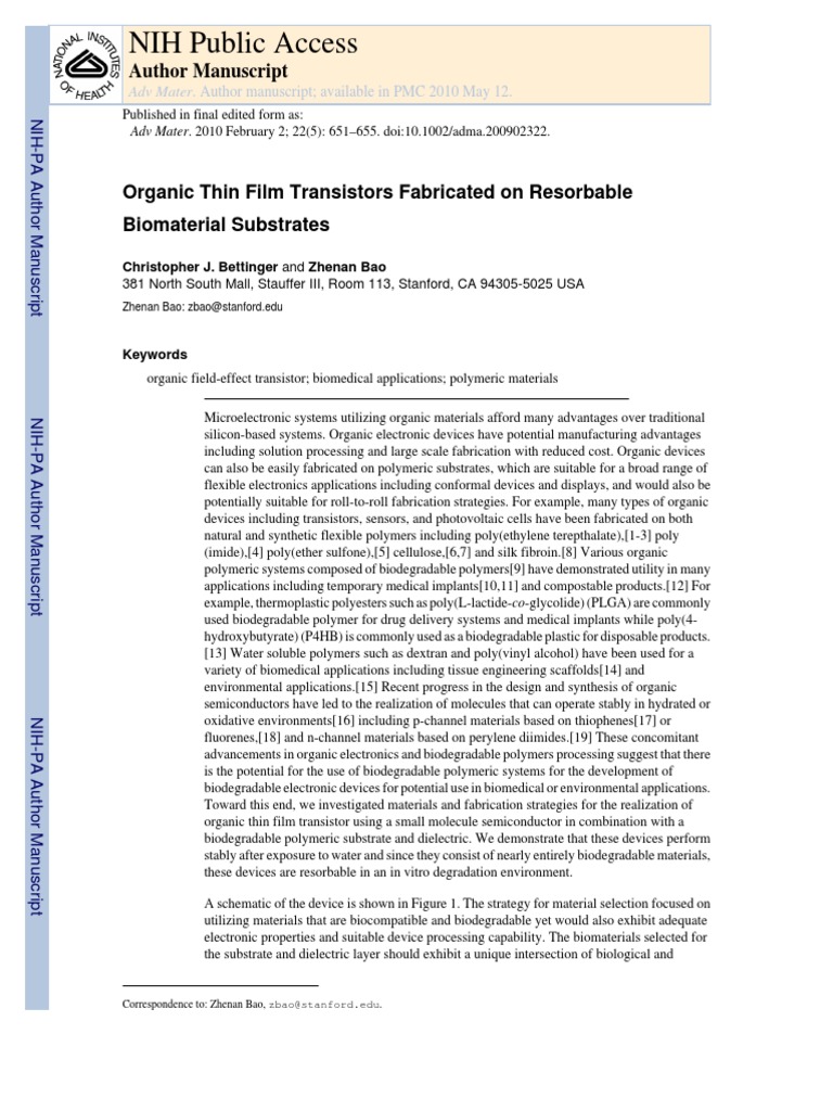 Organic TFT Fabricated On Resorbable Biomaterial Subs | PDF ...