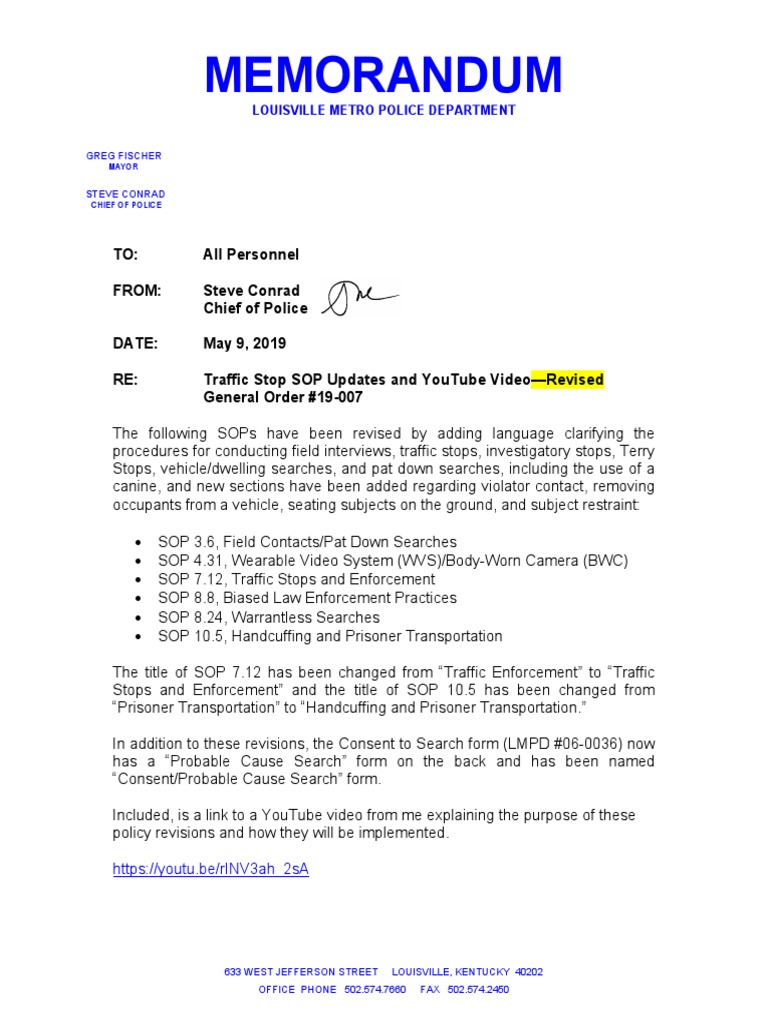 Traffic Stop SOP Revisions Overview | PDF | Reasonable Suspicion ...