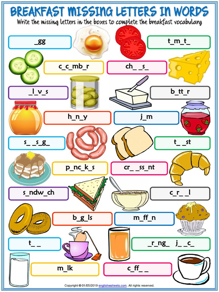 Breakfast Vocabulary Esl Missing Letters in Words Worksheet For Kids | PDF