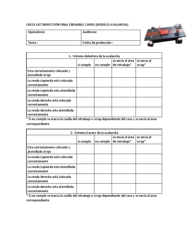Check List Inspección Final Ensamble Avalancha | PDF | Vehículos ...