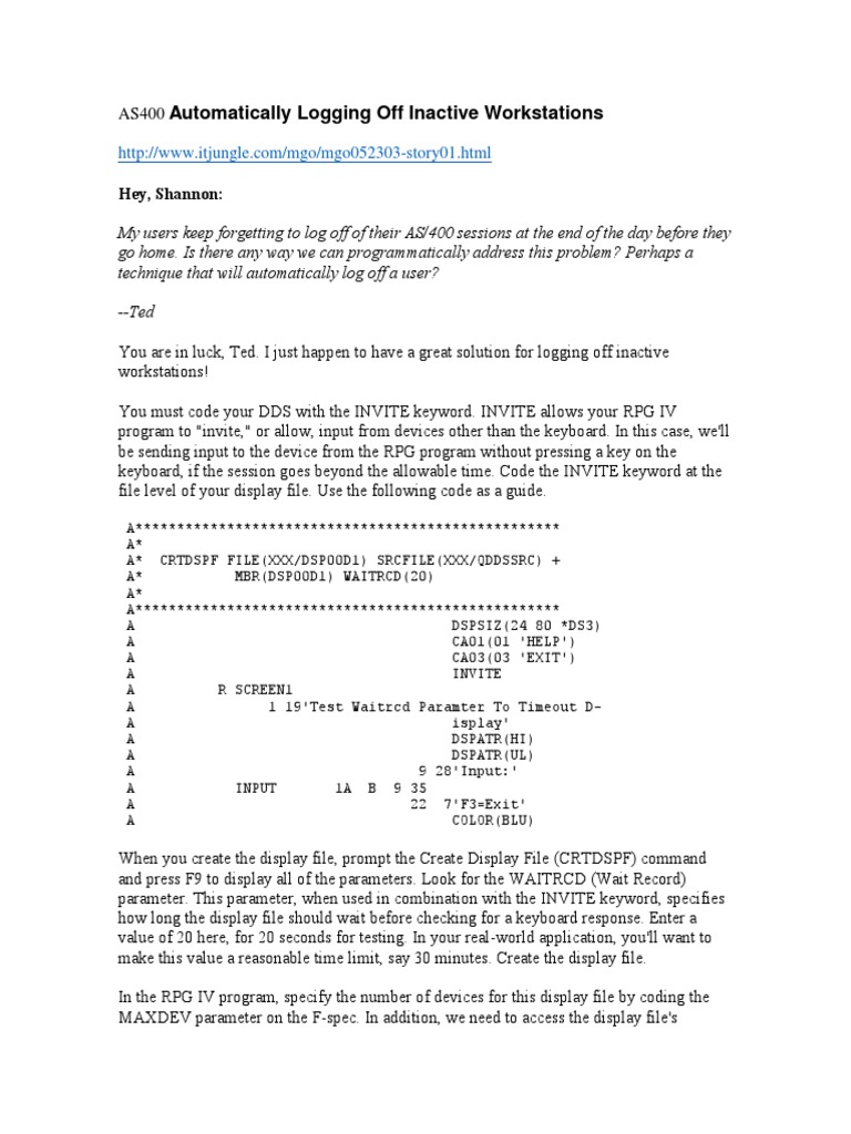 AS400 Automatically Logging Off Inactive Workstations | PDF | Ibm Rpg | Parameter (Computer ...