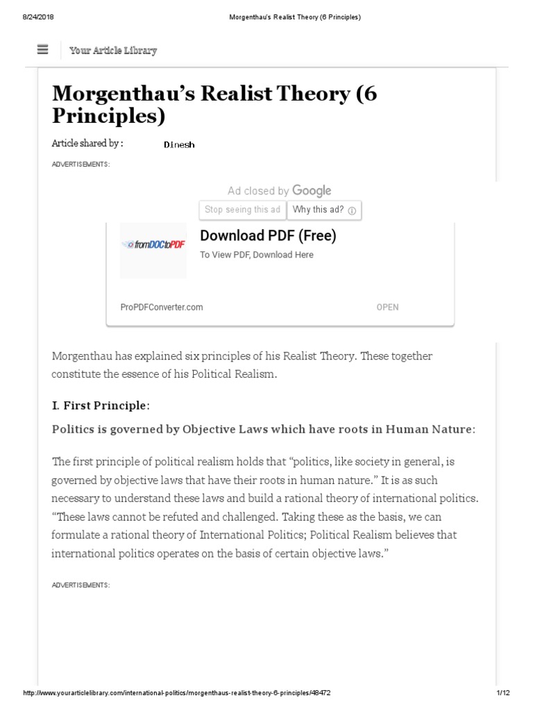 Morgenthau's Realist Theory (6 Principles) : Download PDF (Free) | PDF ...