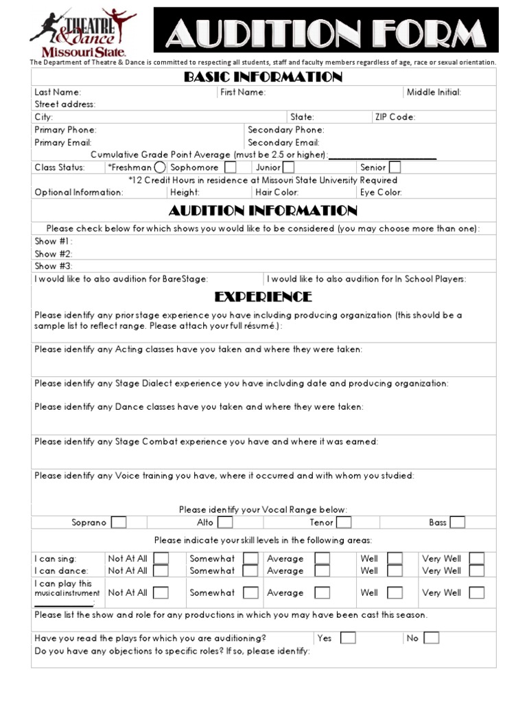 Production Audition Form | PDF | Audition | Course Credit