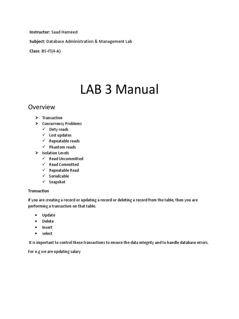 LAB 3 Manual: Instructor: Saad Hameed Subject: Database Administration & Management Lab Class ...