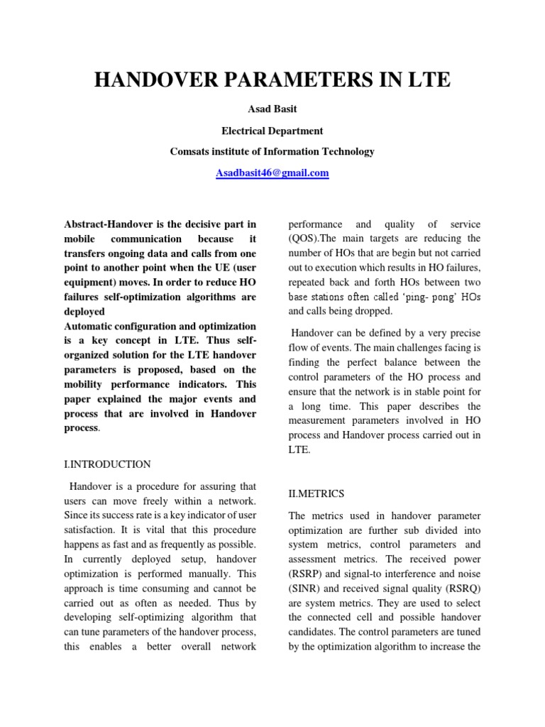Handover Parameters in LTE | PDF | Lte (Telecommunication) | Quality Of ...