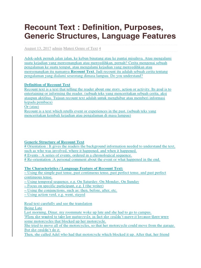 Recount Text Definition Purposes Generic Structures Language Features Pdf Linguistics