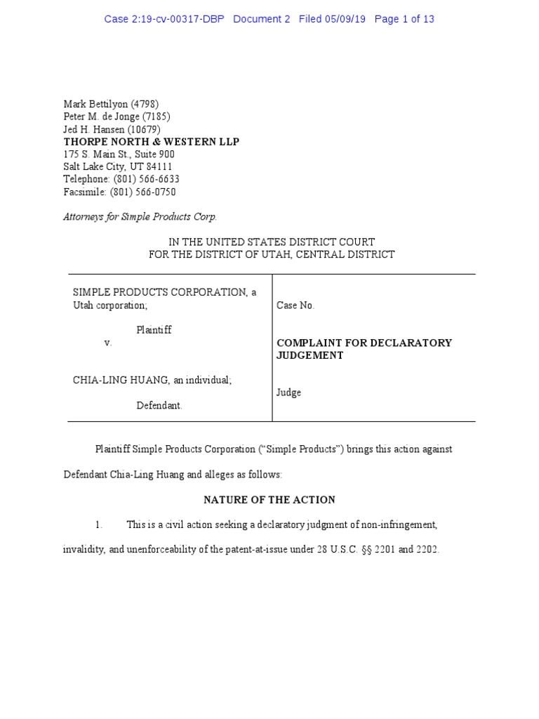 Simple Products v. Huang - Complaint | PDF | Diversity Jurisdiction ...