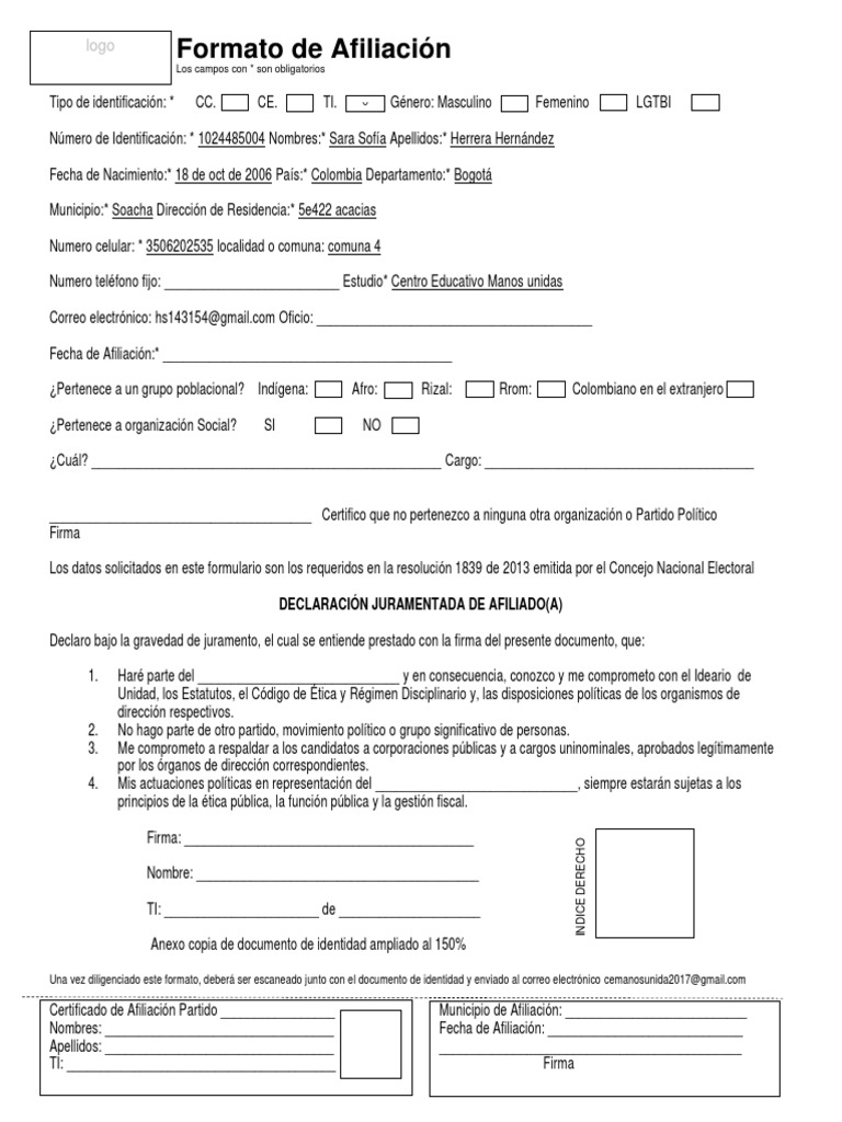 Formato de Afiliación PARTIDO POLITICO.docx | PDF | Gobierno