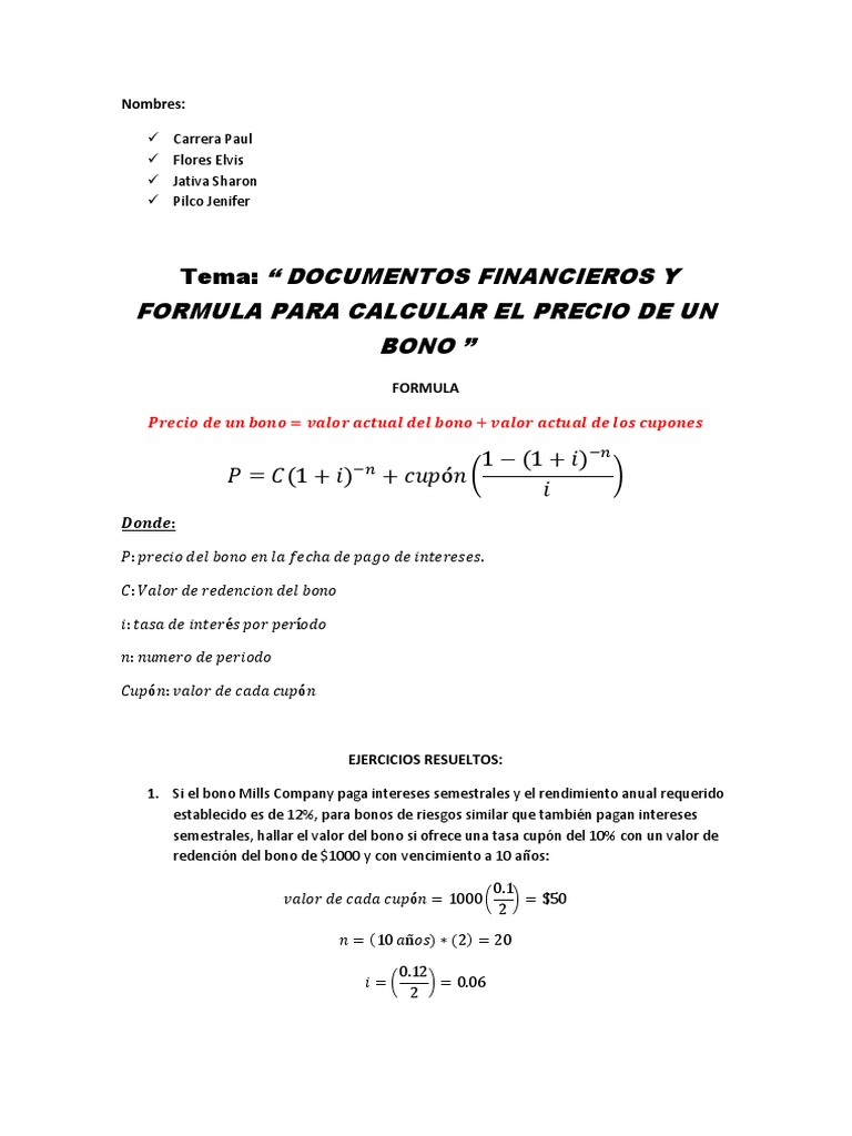 Documentos Financieros Y Formula Para Calcular El Precio De Un Bono ...