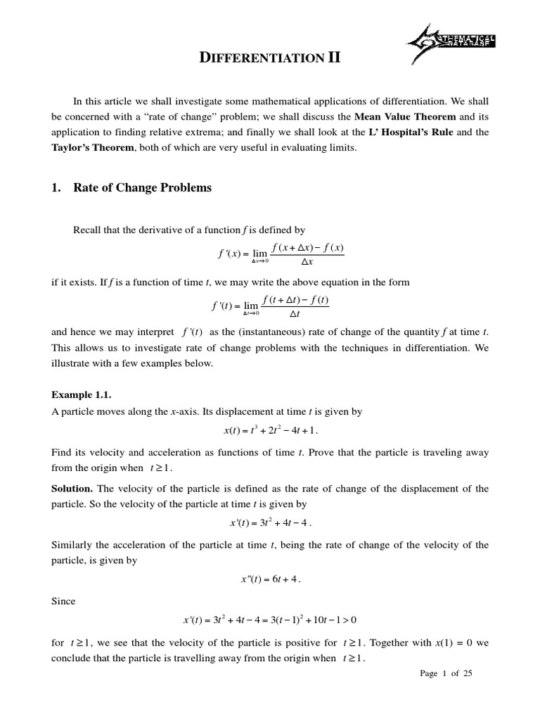 Mathematical Applications of Differentiation | PDF | Maxima And Minima ...