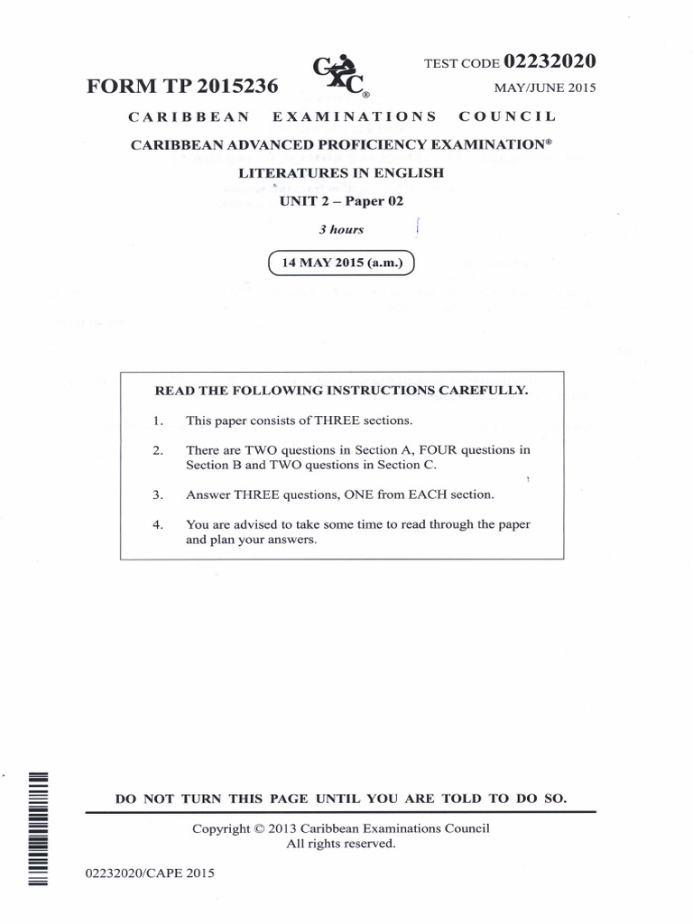 CAPE Unit 2 Literatures in English June 2015 P2 | PDF