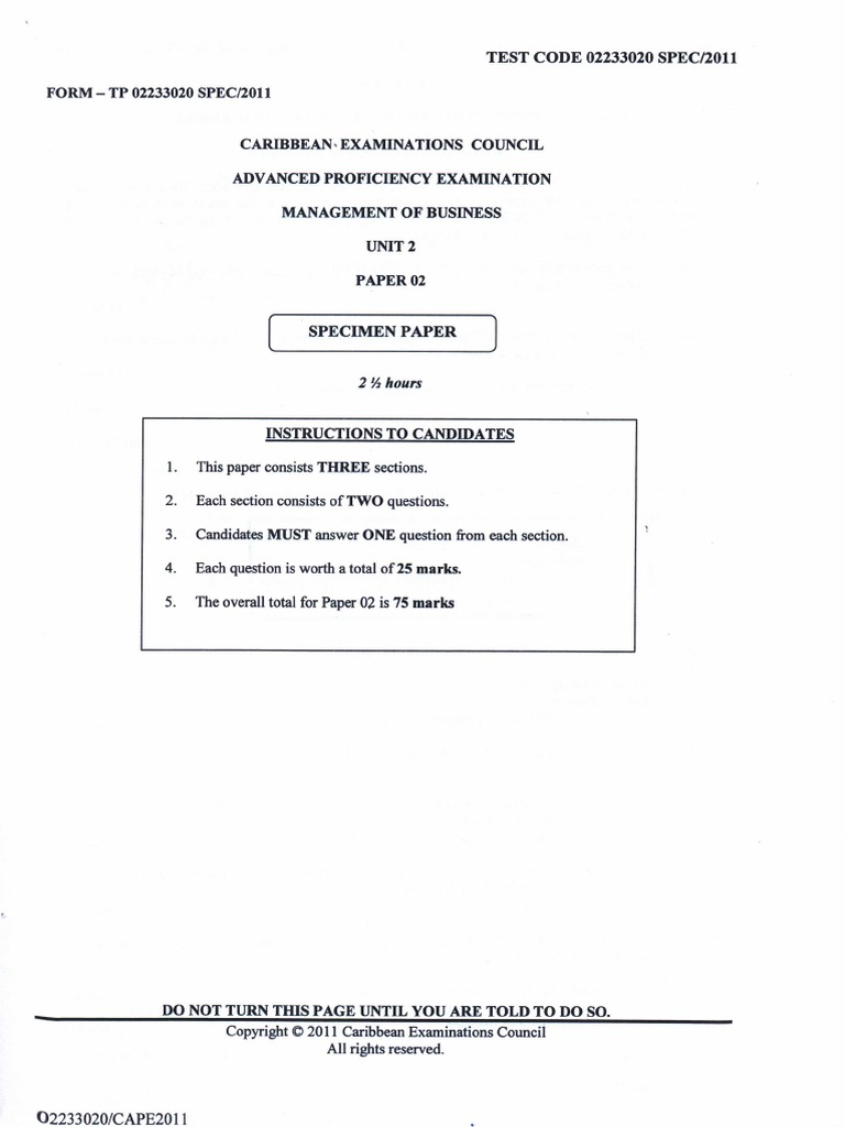 CAPE Unit 2 Management of Business June 2011 P2 Spec | PDF