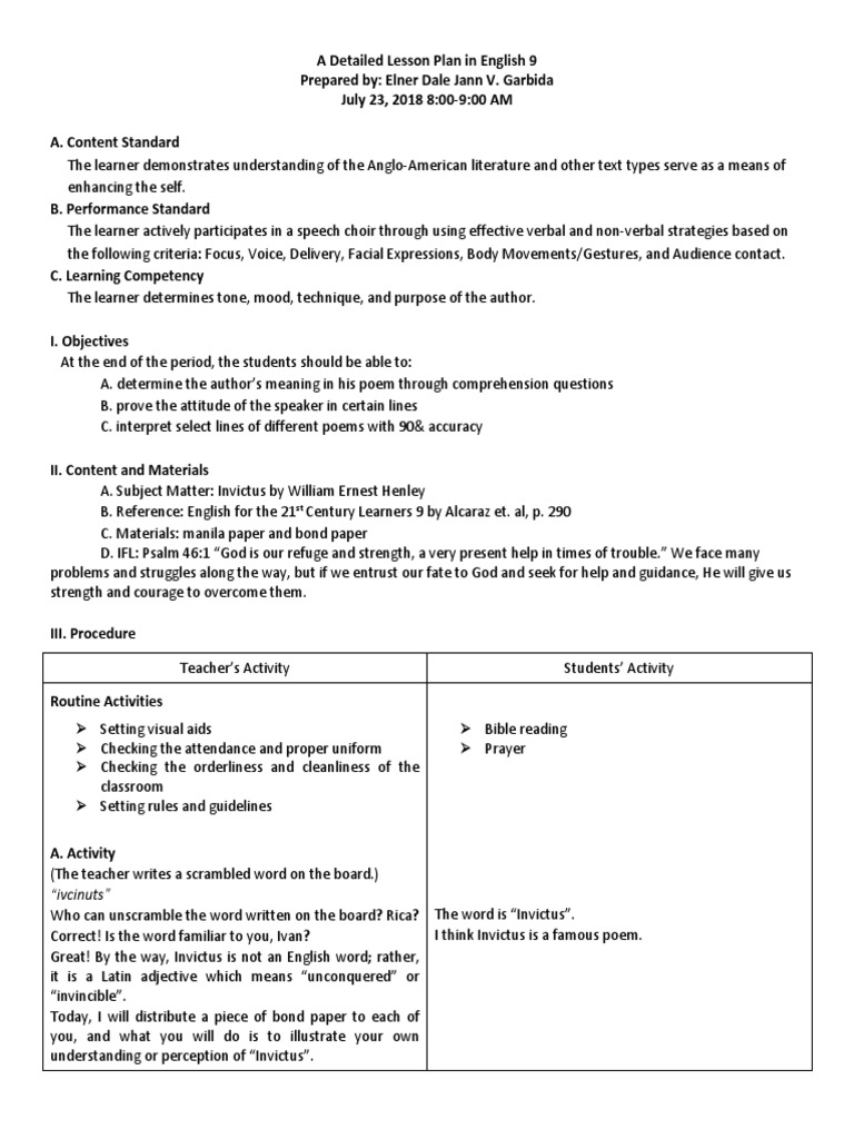 English Lesson Plan | PDF | Lesson Plan | Reading Comprehension