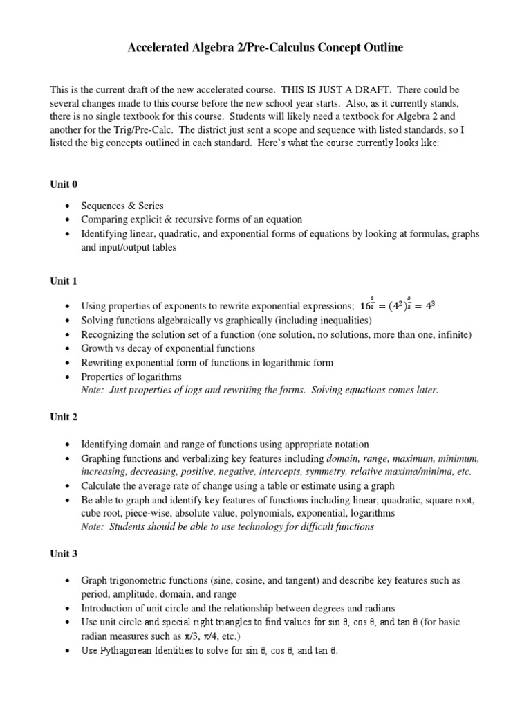 Accelerated Algebra 2 - PreCalc Concept Outline | PDF | Trigonometric ...