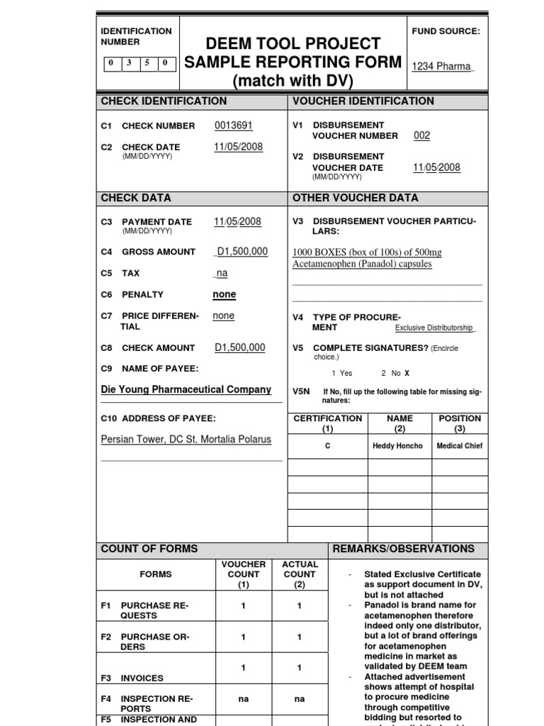 Deem Tool Project Sample Reporting Form (Match With DV) : Check Identification Voucher ...