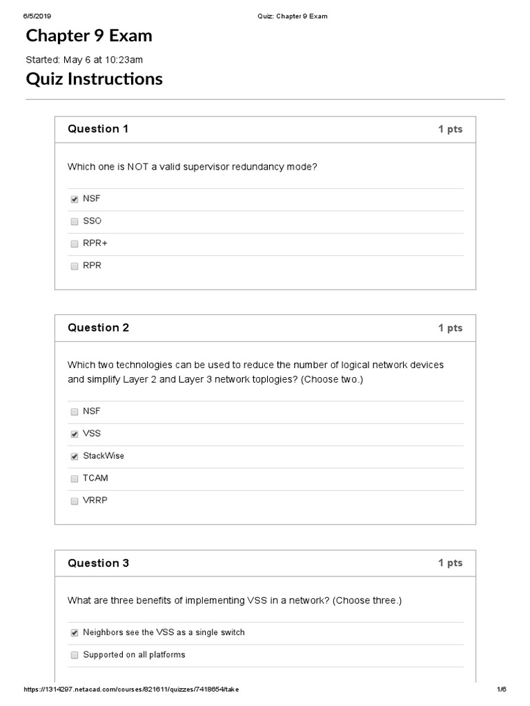 Chapter 9 Exam Quiz Instruc Ons: NSF SSO RPR+ RPR | PDF | Network ...