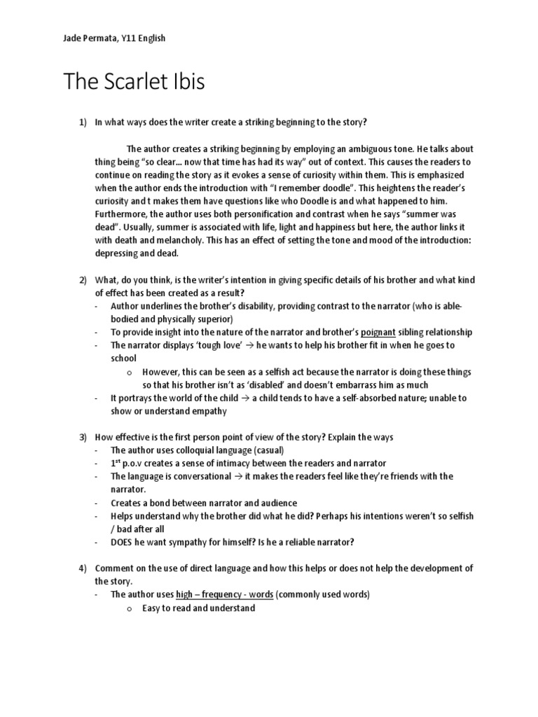 The Scarlet Ibis | PDF | Narration | Psychology