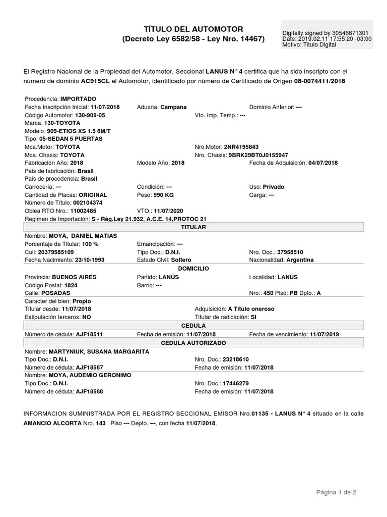 Titulo Toyota Etios Xs 1.5 Dominio Ac915cl | Coche | Vehículo de motor