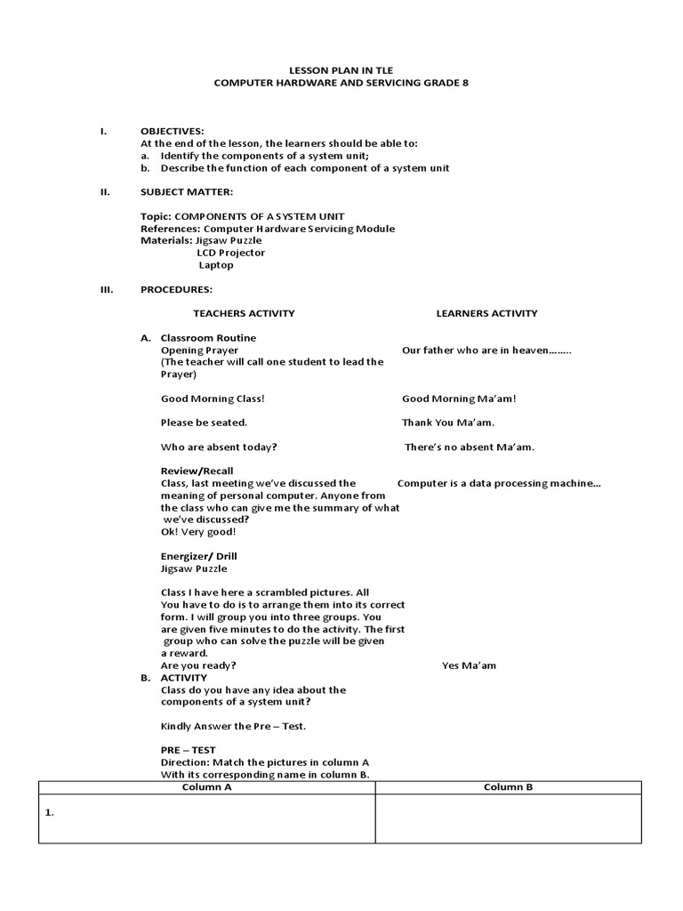 Lesson Plan in Tle Computer Hardware and | PDF | Computer Data Storage ...