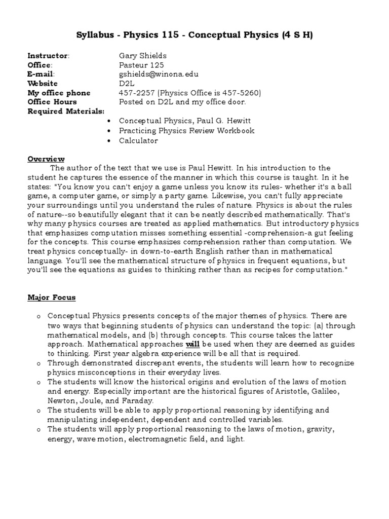 Syllabus - Physics 115 - Conceptual Physics (4 S H) | PDF | Newton's ...