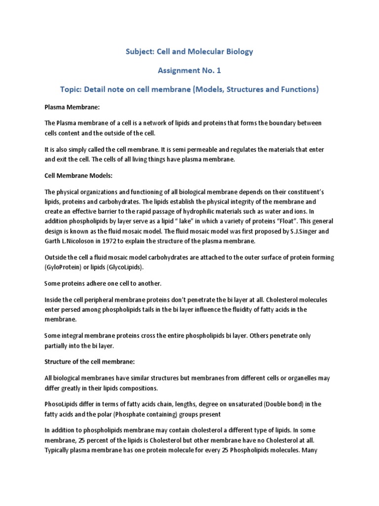 Subject: Cell and Molecular Biology Assignment No. 1 Topic: Detail Note ...