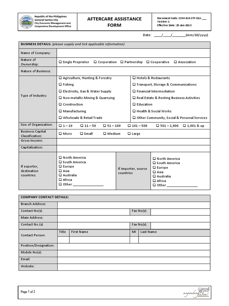 Aftercare Assistance Form: BUSINESS DETAILS: (Please Supply and Tick ...