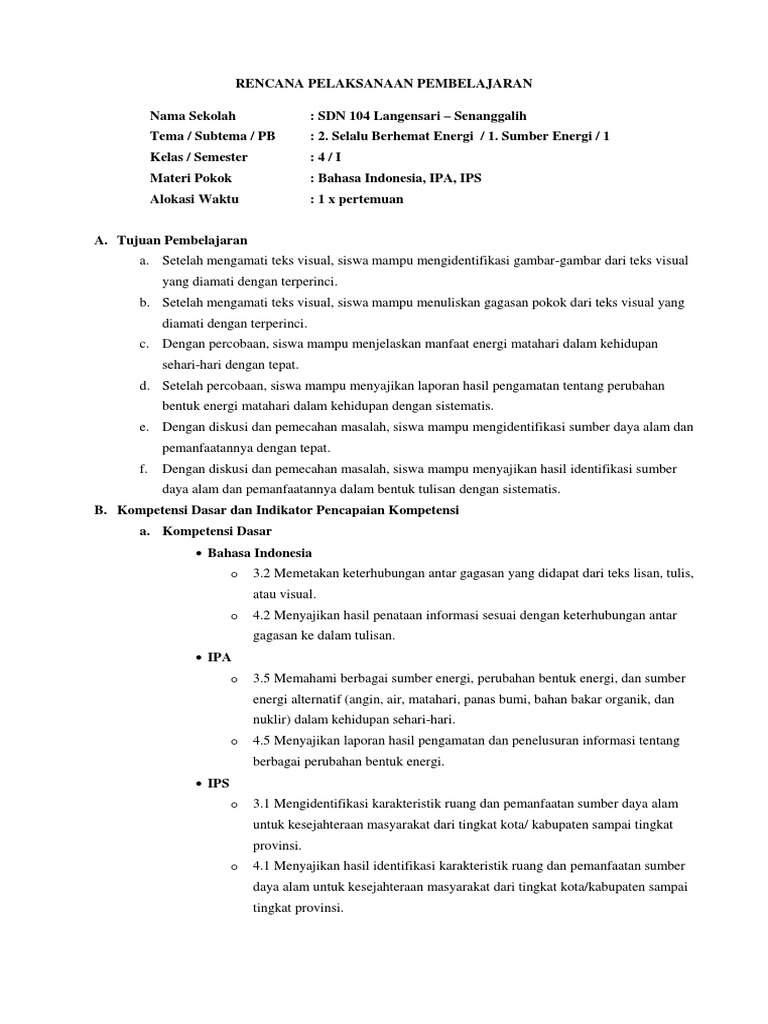 Contoh RPP Kelas 4 Sumber Energi Tema 2 | PDF