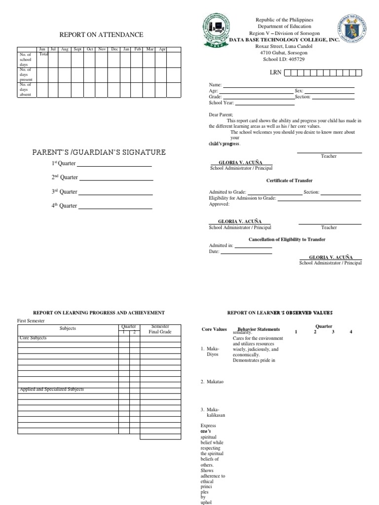 REPORT CARD in SHS | PDF | Change | Learning