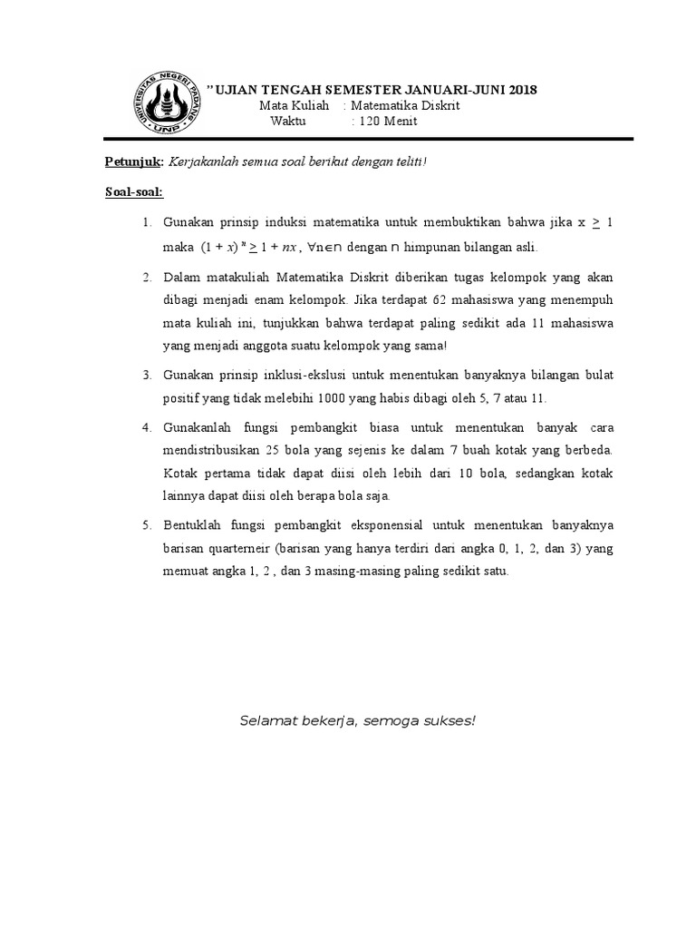 Soal UTS Mat Diskrit - (Jan-Juni 2018) | PDF
