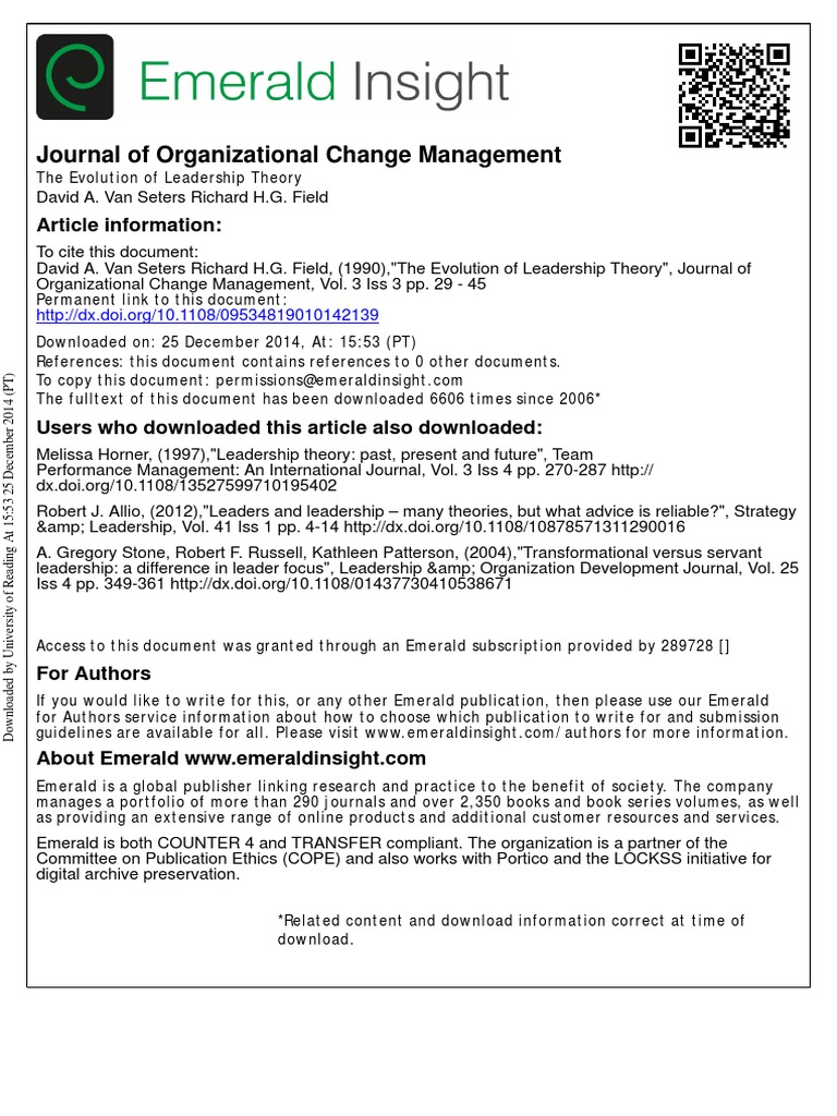 Van Seters and Field (1990) - The Evolution of Leadership Theory | PDF ...